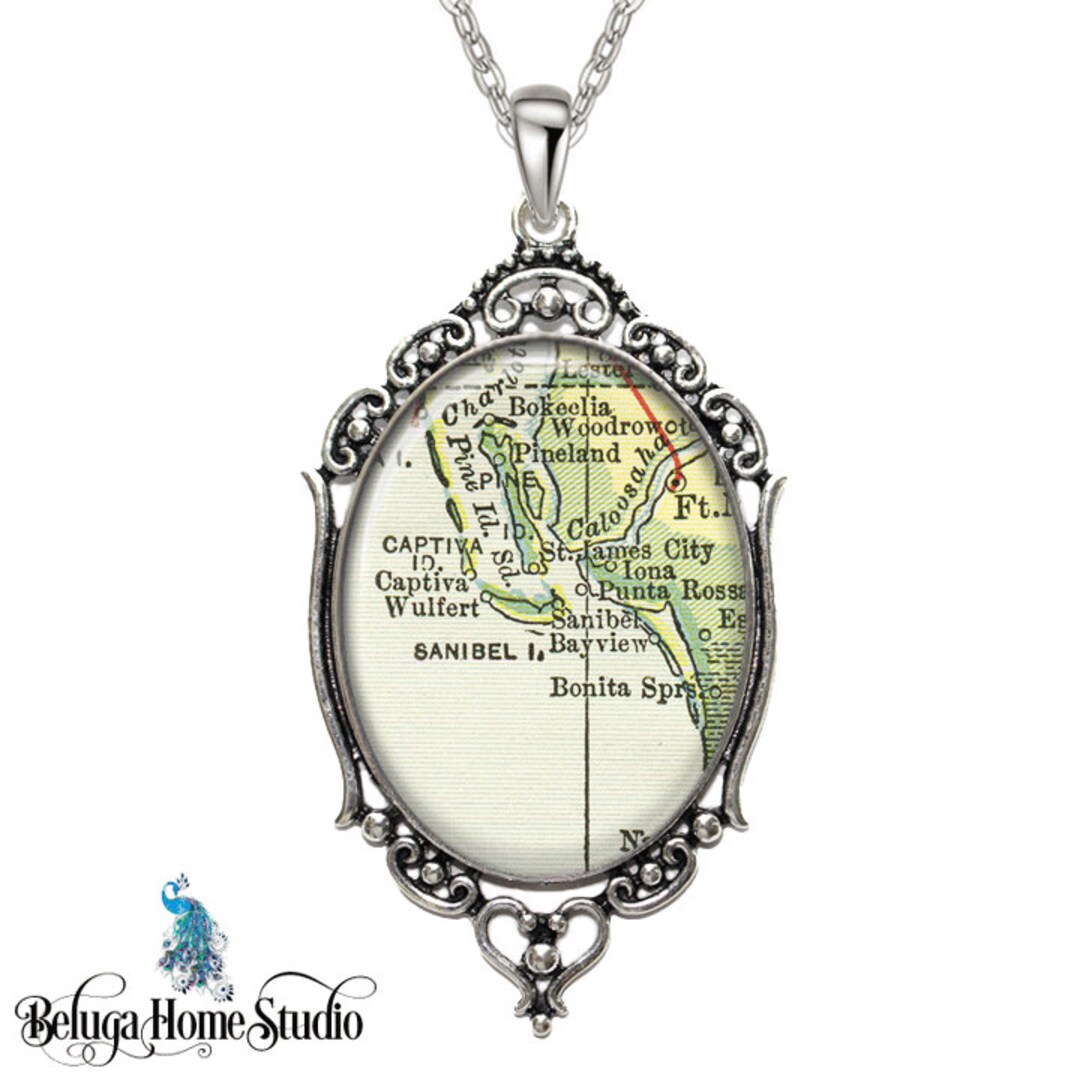 Vintage Map Necklace Oval Filigree Pendant City of Sanibel Florida ...
