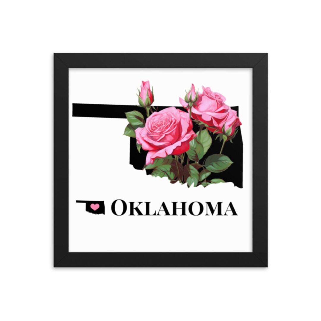 Oklahoma Art Print, State Flower, Pink Roses, Framed Print, OK Map ...