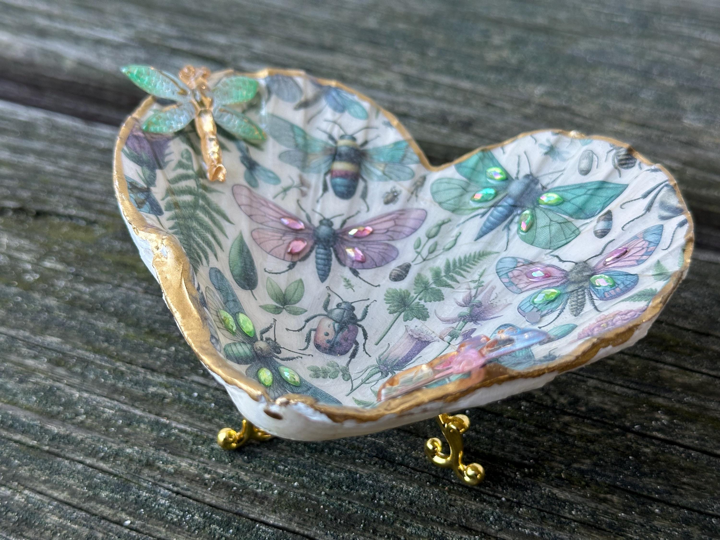 Pastel Dragonflies Decoupaged Handmade Heart Scallop Shell Trinket Dish ...