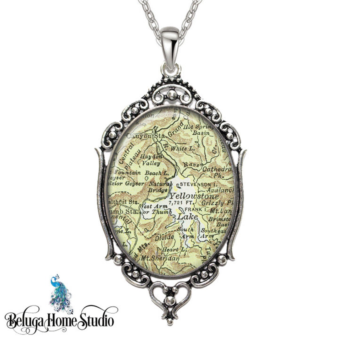 Vintage Map Necklace Oval Filigree Pendant Yellowstone National Park ...