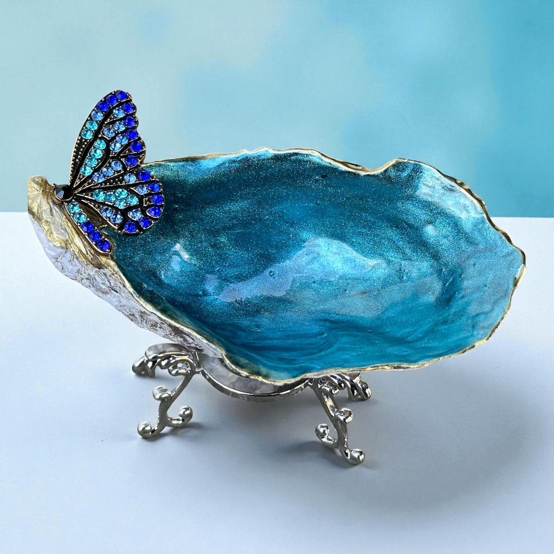 Handmade Oyster Shell Trinket Dish, Teal Blue Chrome, Butterfly ...