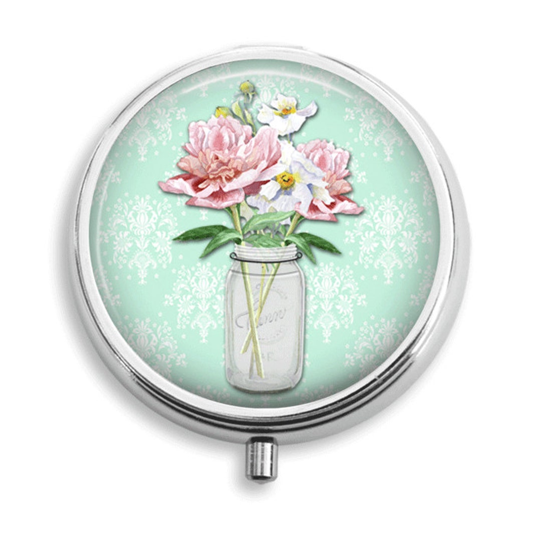 Pill Box Pill Case Mason Jar Pink White Flowers Teal Damask Pill Holder ...