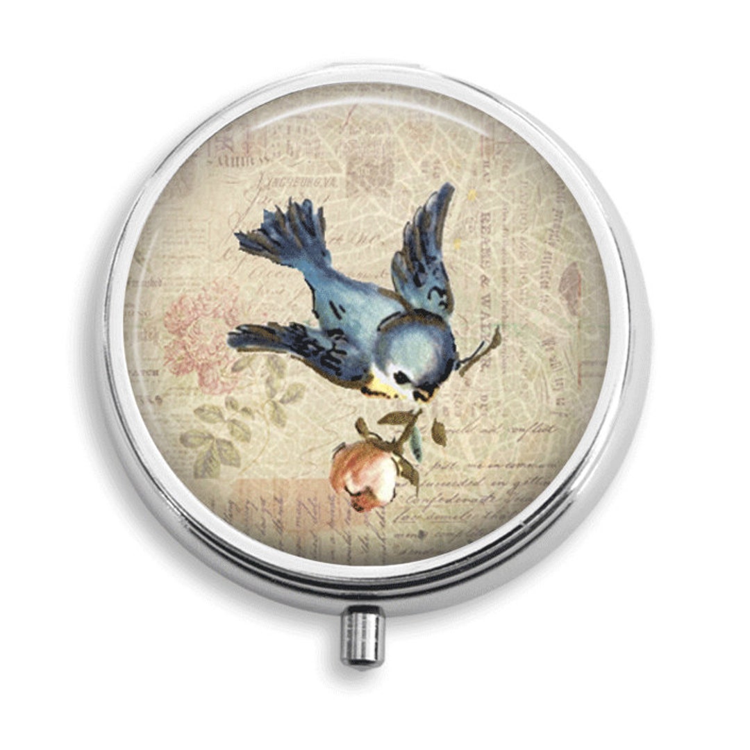 Pill Box Pill Case Bluebird and Rose on Floral Handwriting Background ...