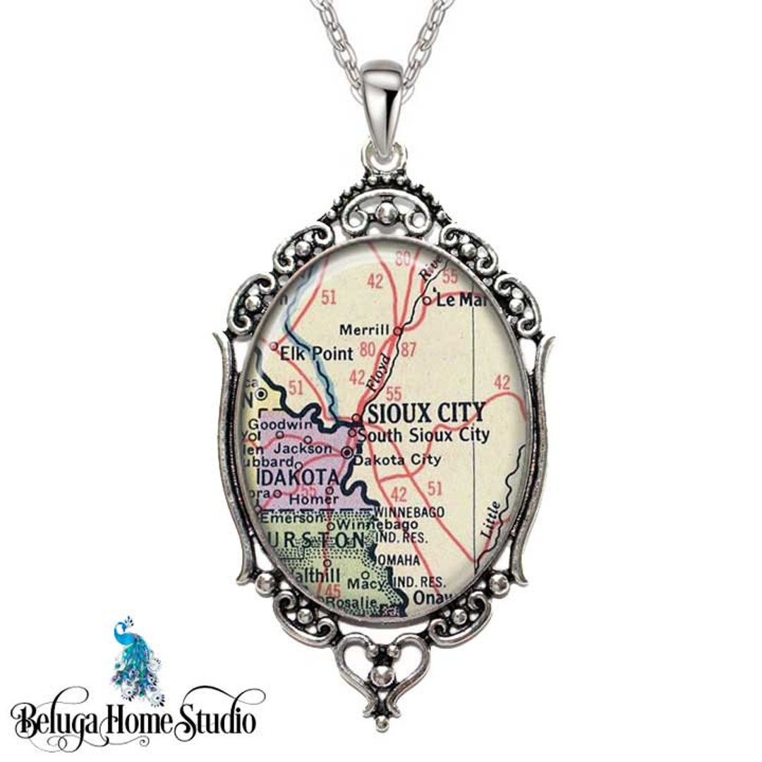 Nebraska Map Necklace / South Sioux City NB / Oval Filigree Pendant ...