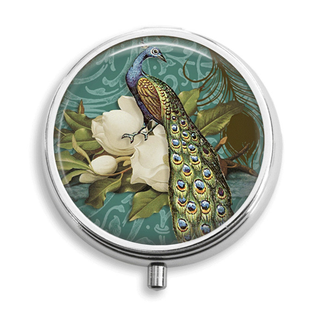 Pill Box Pill Case Teal Peacock White Flower Pill Holder Pill Container ...