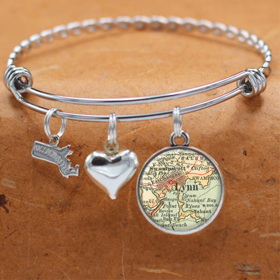 Lynn Map Bracelet Massachusetts State of MA Bangle Cuff Bracelet ...