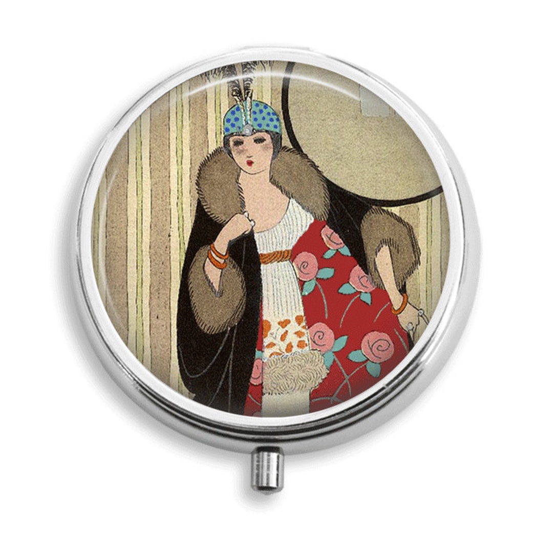 Pill Box Pill Case Art Deco Lady in Teal Feather Hat Pill Holder Pill ...
