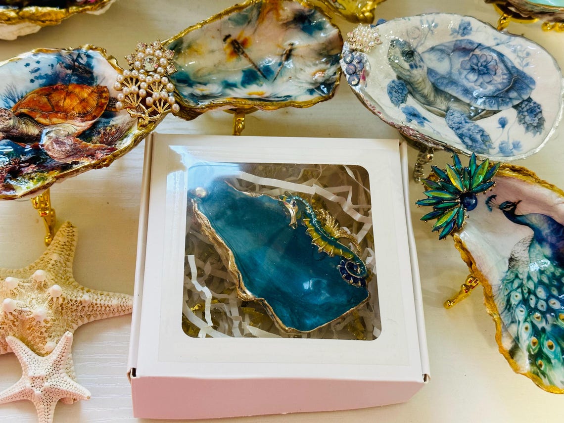 Handmade Oyster Shell Trinket Dish, Teal Blue Chrome, Butterfly ...