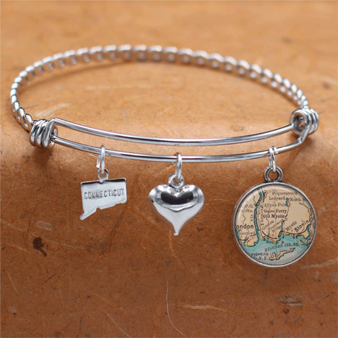 Connecticut Map Bracelet / Old Mystic CT / Charm Bracelet / Vintage Map ...