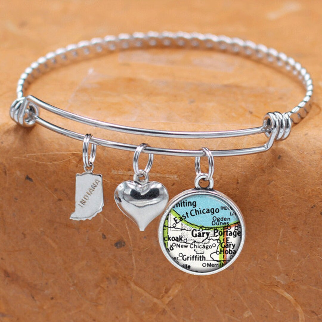Indiana Map Bracelet / Gary IN / Custom Map Charms / USA City / Vintage ...