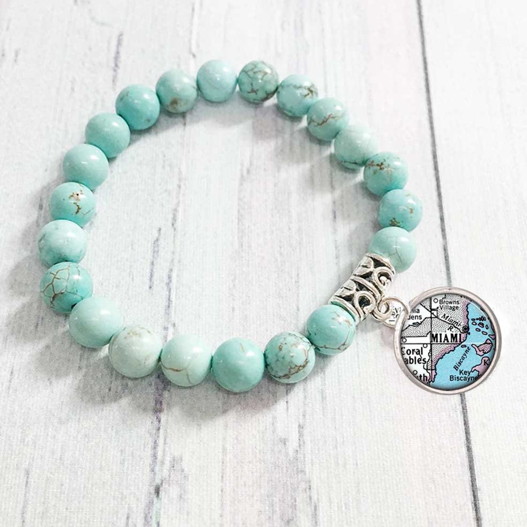 Florida Bracelet / Miami FL Beaded Bracelet With Map Charm / Turquoise ...