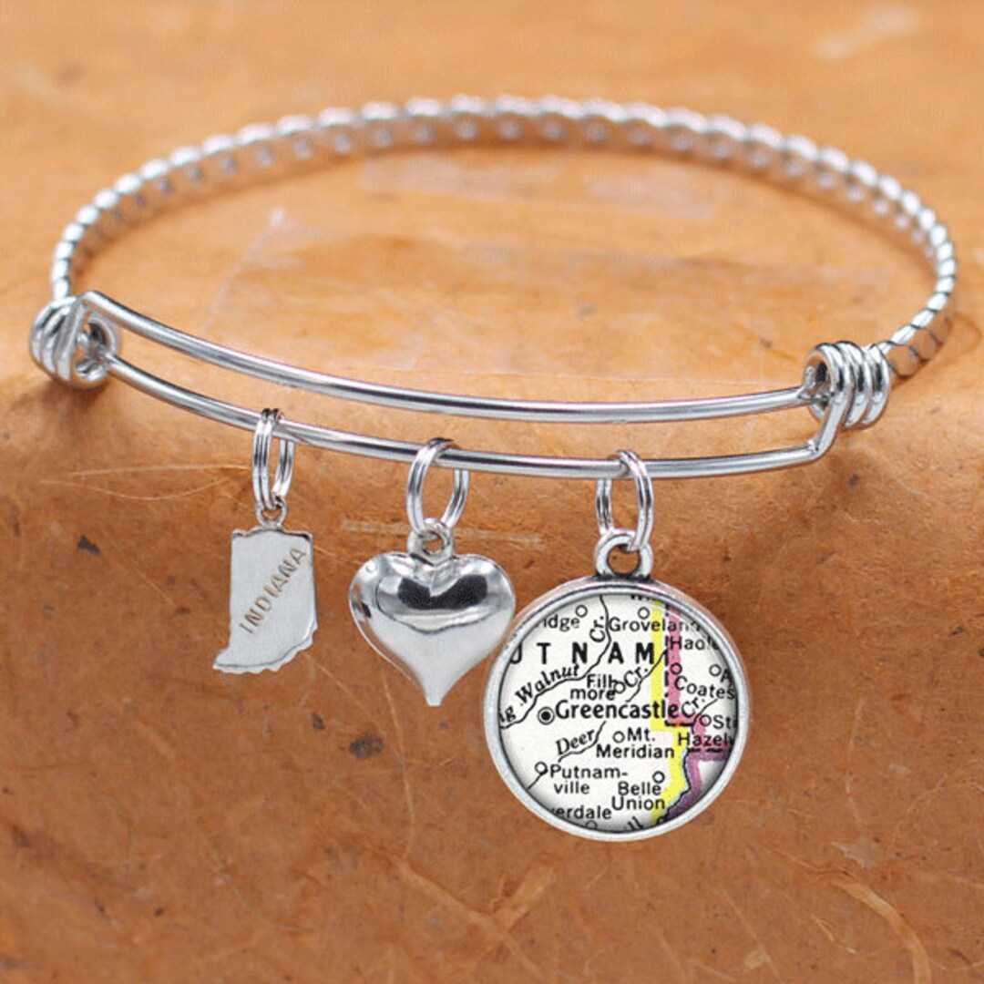 Indiana Map Bracelet / Greencastle IN / Custom Map Charms / USA City ...
