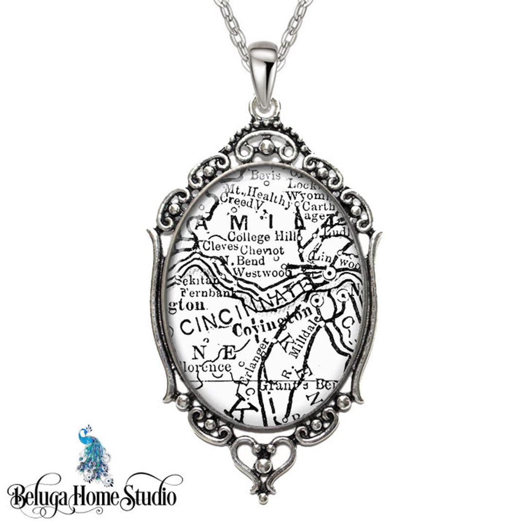 Vintage Map Necklace Oval Filigree Pendant City of Cincinnati State of ...