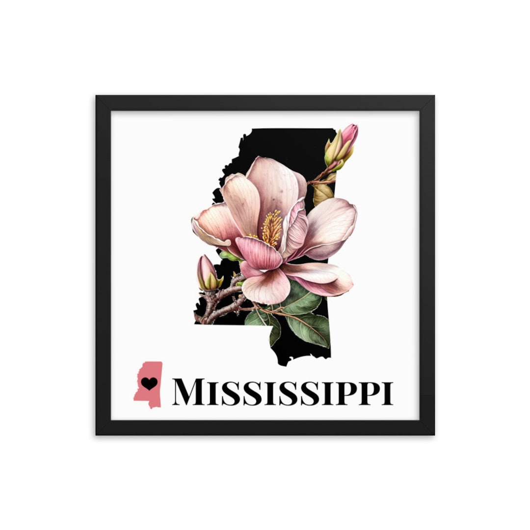 State of Mississippi Art Print With State Flower, Magnolias, Framed ...