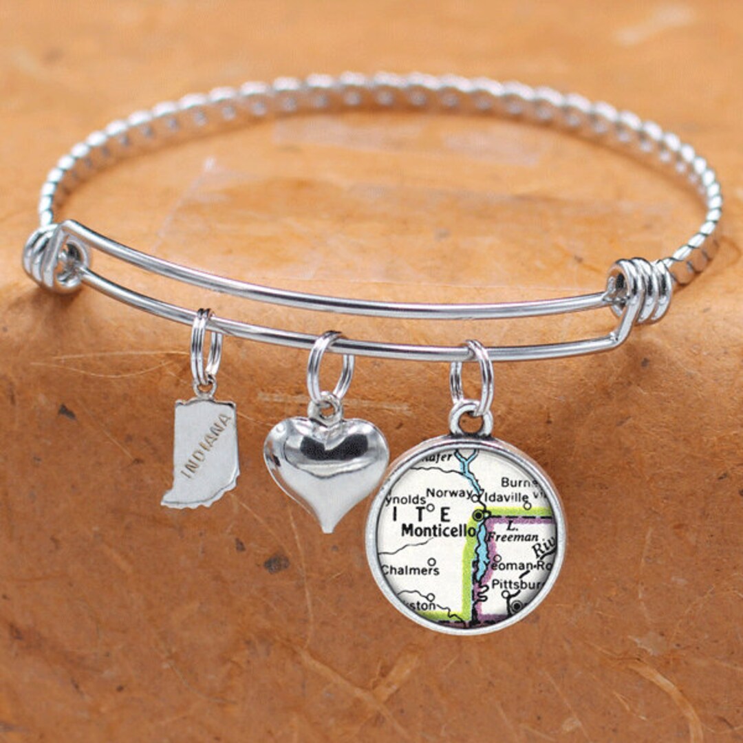 Indiana Map Bracelet / Monticello IN / Custom Map Charm Bracelet / USA ...