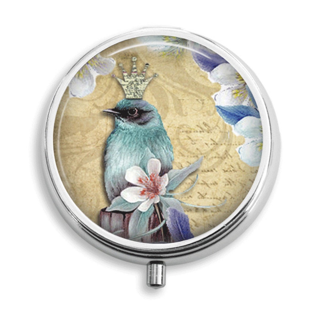 Pill Box Pill Case Royal Teal Bird With Crown and Orchid Holder Pill ...