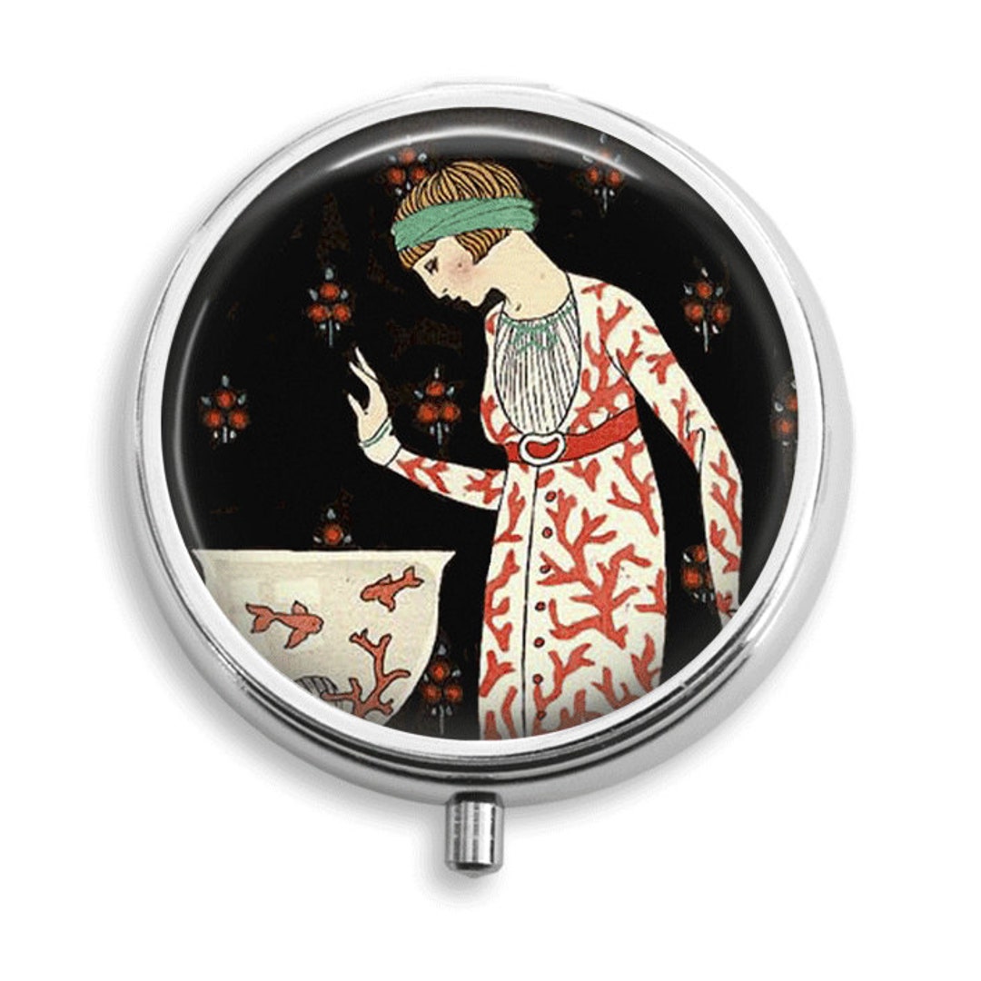 Pill Box Pill Case Art Deco Lady and the Fish Bowl Pill Holder Pill ...