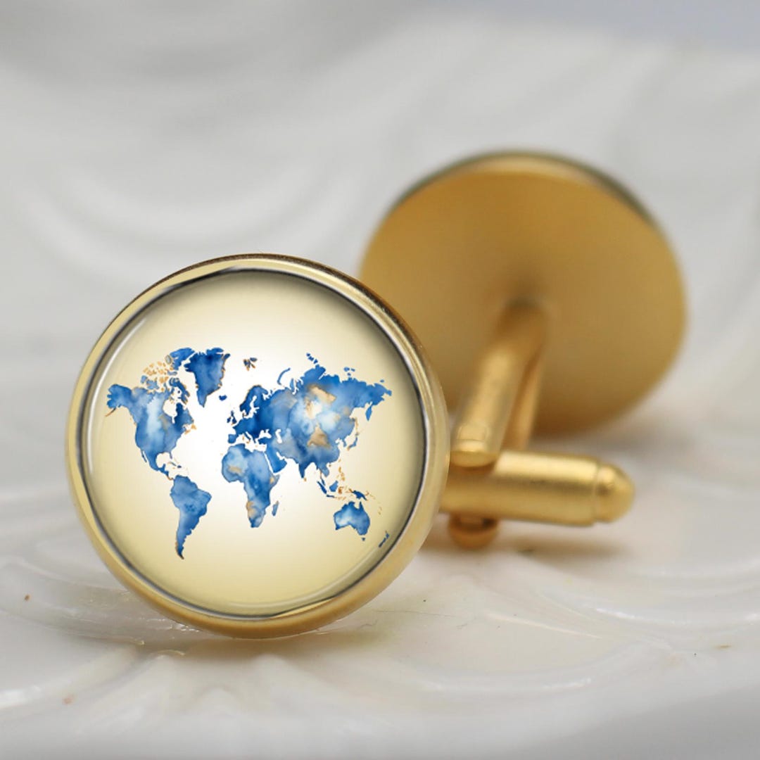 World Map Cufflinks in Blue and Gold Cuff Links for Grooms Weddings ...