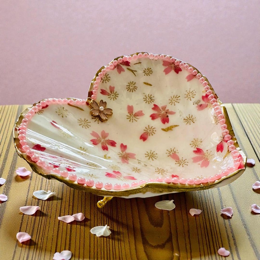Little Pink Cherry Blossoms Chiyogami Decoupaged Heart Scallop Shell ...