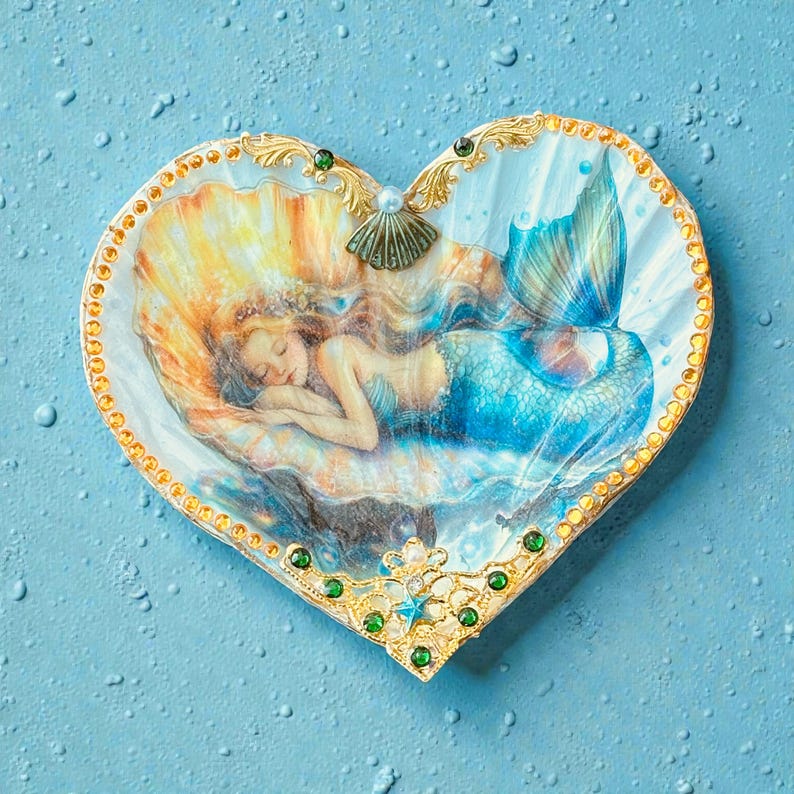 Sleeping Beauty Mermaid Decoupaged Handmade Heart Scallop Shell Trinket ...