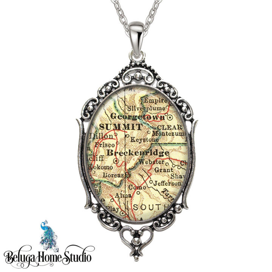 Vintage Map Necklace Oval Filigree Pendant City of Breckenridge ...