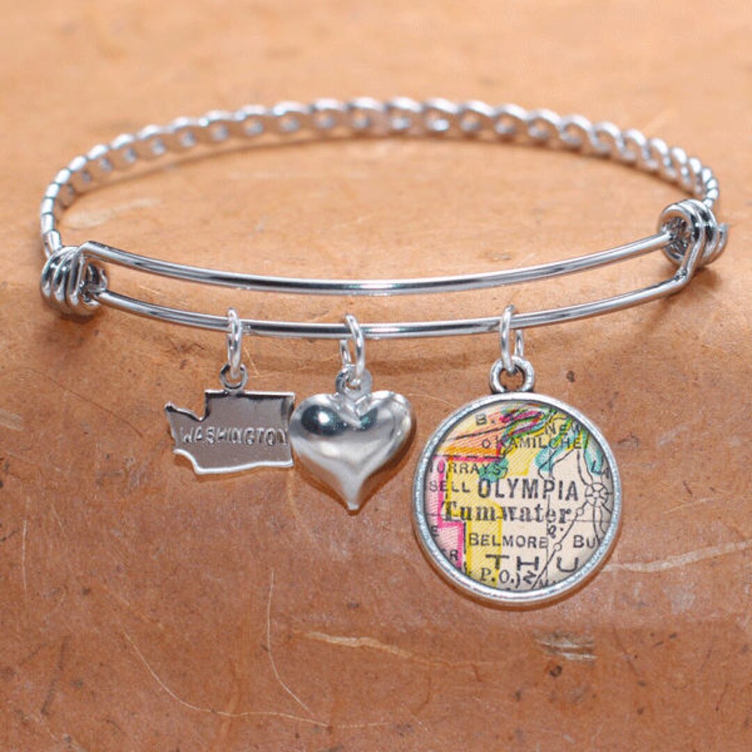 Olympia WA Map Charm Bracelet State of Washington Bangle Cuff Bracelet ...
