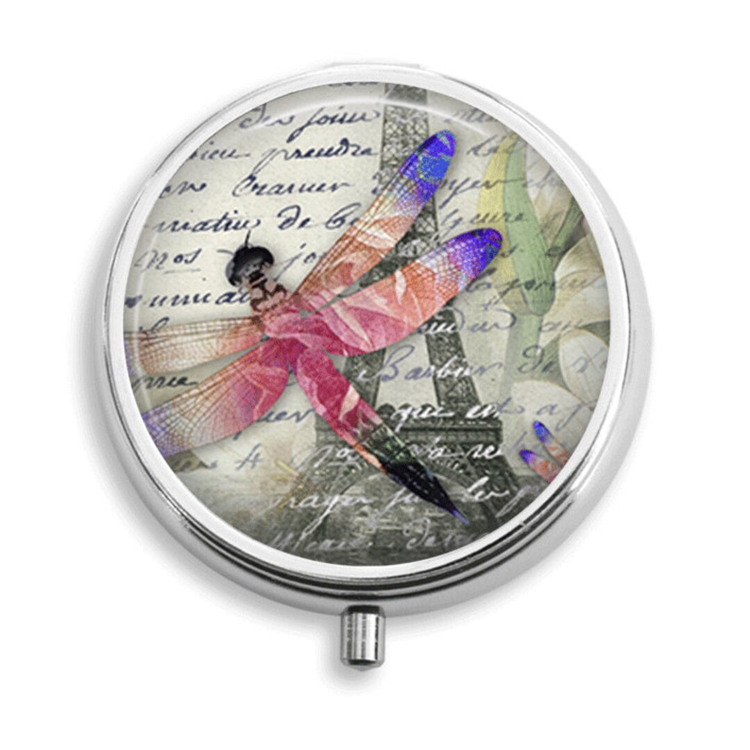 Pill Case Floral Dragonfly and Eiffel Tower Case Trinket Box Vitamin ...