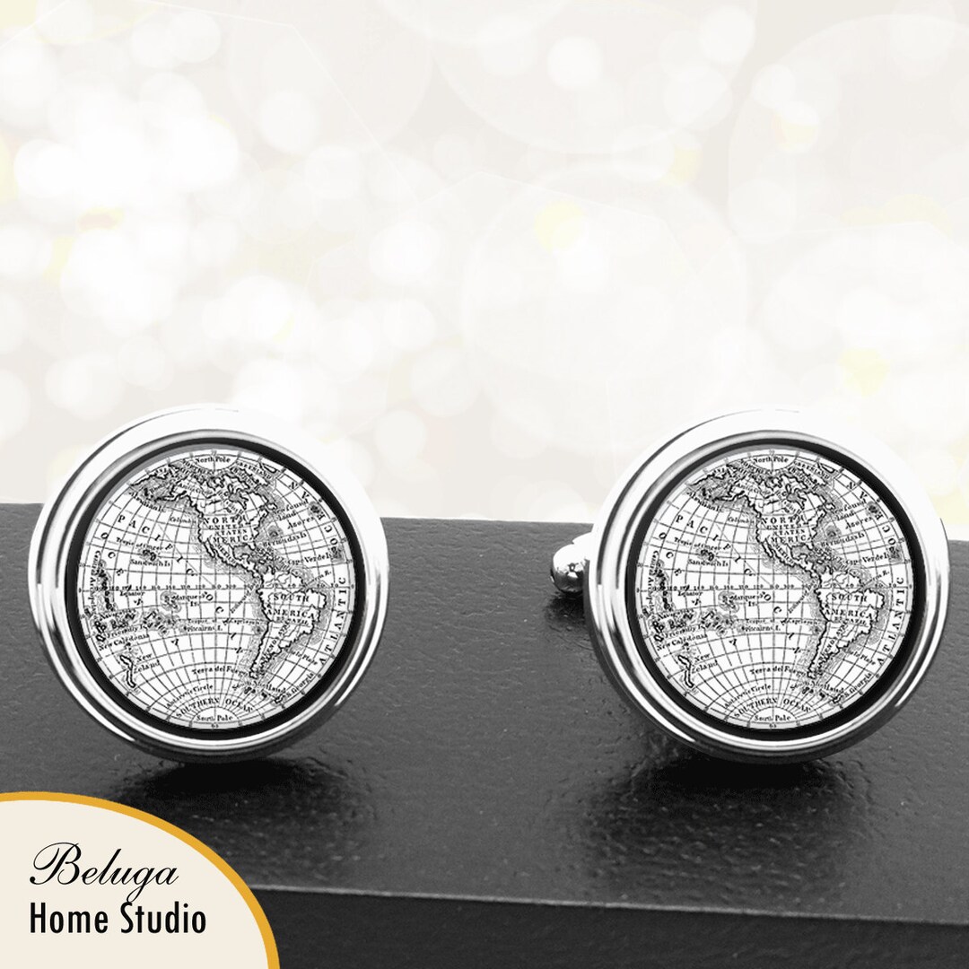 World Map Cufflinks in Black and White Handmade Cuff Links for Men Dads ...
