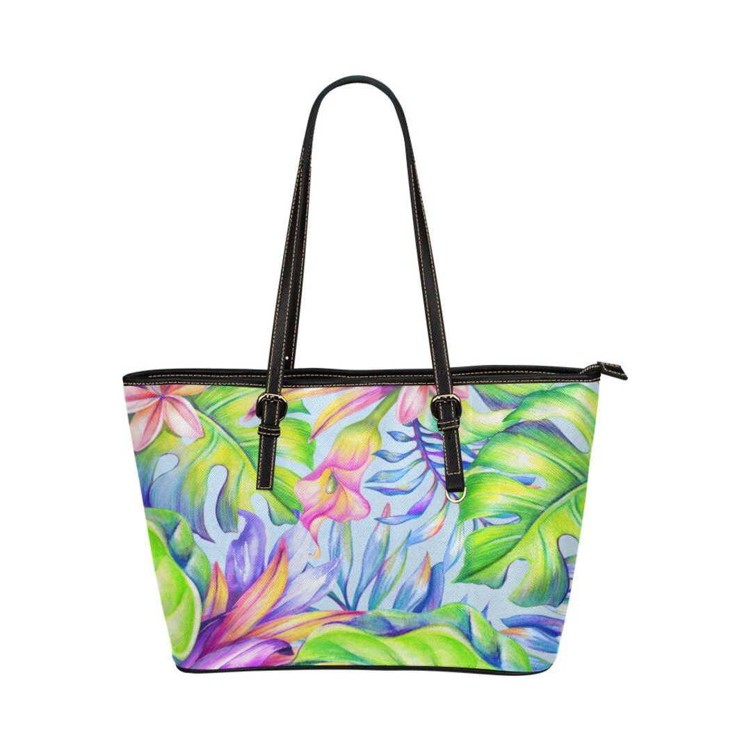 Leather Tote Bag, Tropical Leaves & Flowers, Shoulder Bag, Work Bag ...