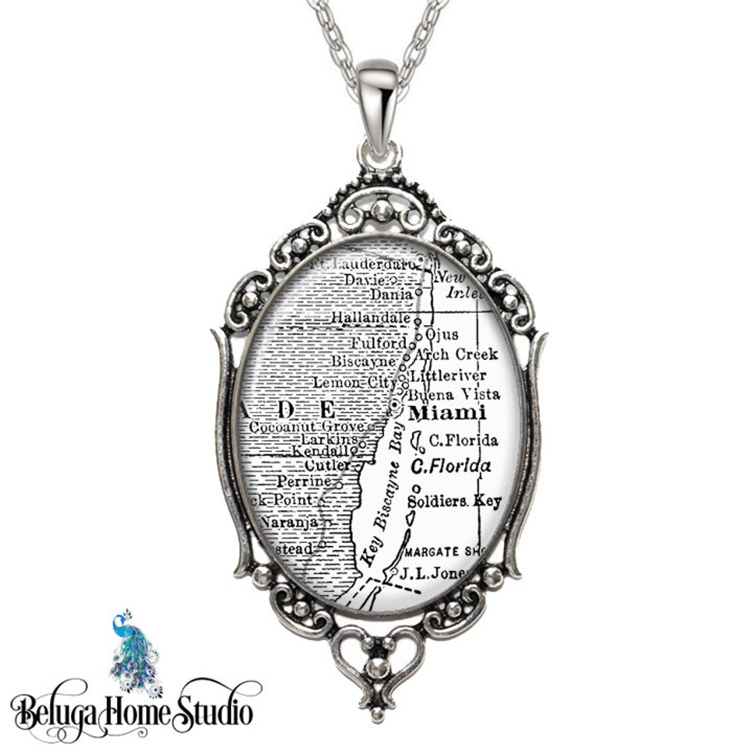 Vintage Map Necklace Oval Filigree Pendant City of Miami Florida ...