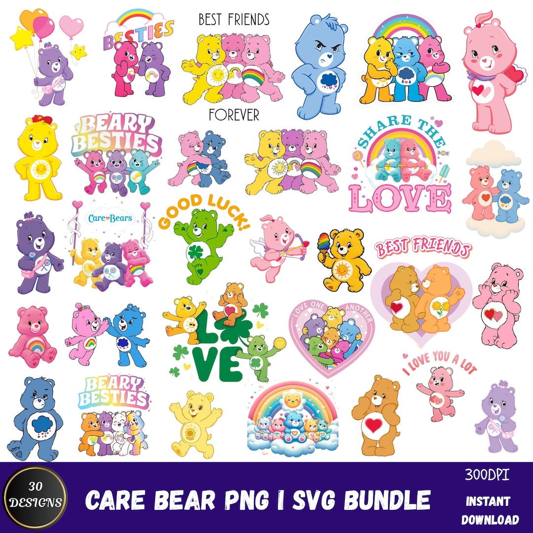 Care Bear Clipart Bundle, Rainbow Cartoon Bears, PNG SVG (digital ...