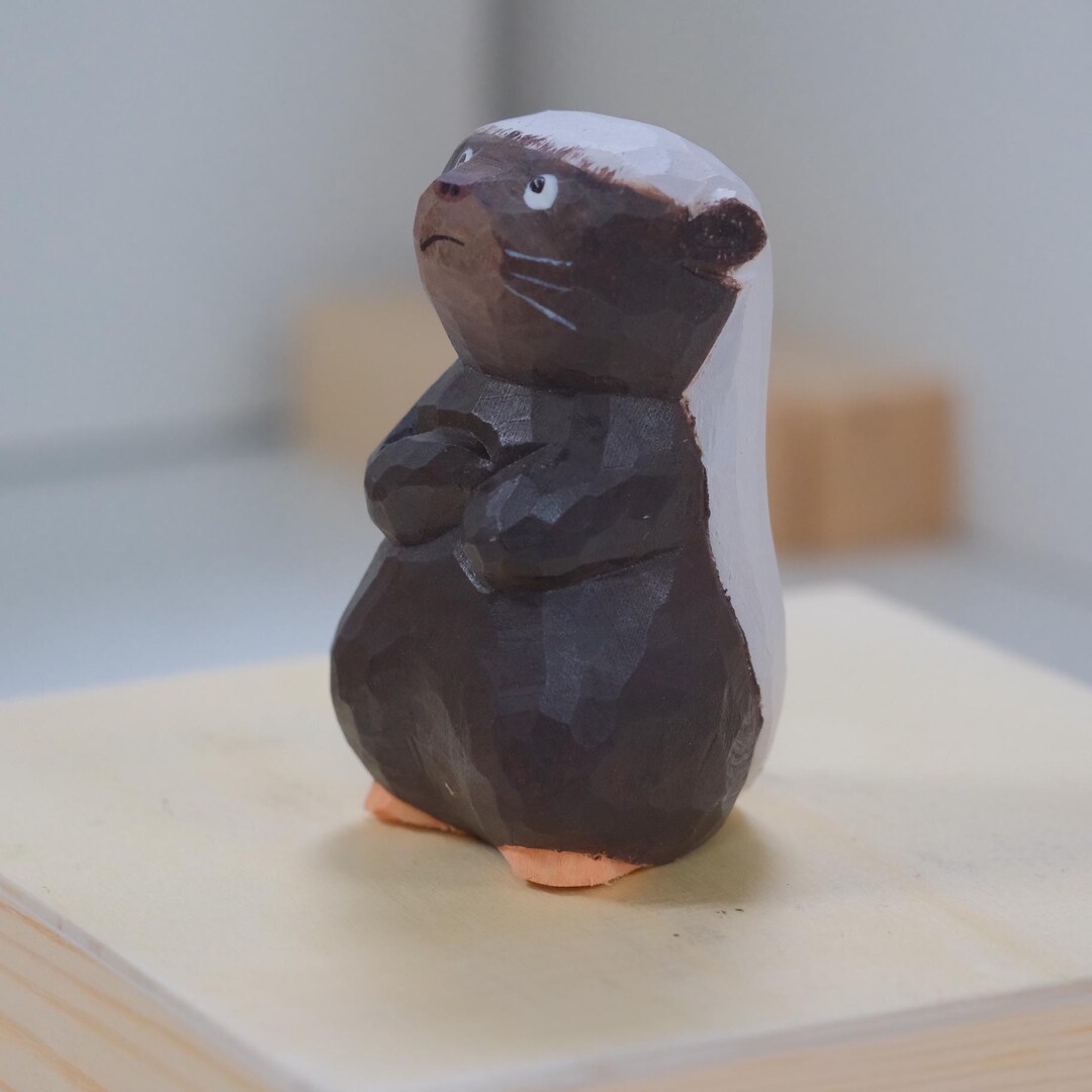 Hand Carved Wooden Honey Badger Figurine, Grumpy Animal Statue, Unique ...