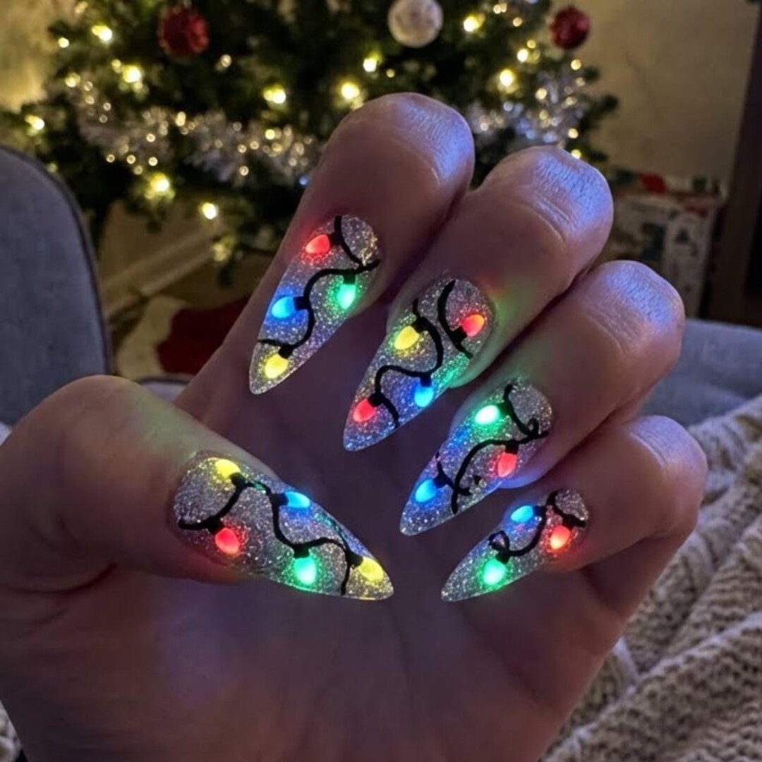 Neon Christmas Lights Press on Nails | Silver Glitter Festive Nail Art ...