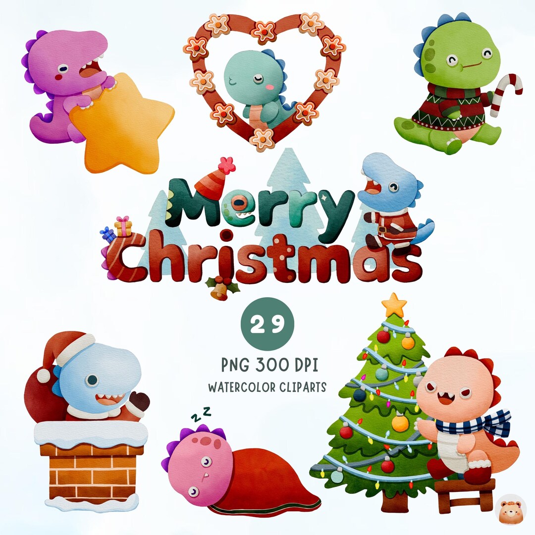 Watercolor Christmas Dinosaur Clipart Set, Holiday Dino PNG (digital ...