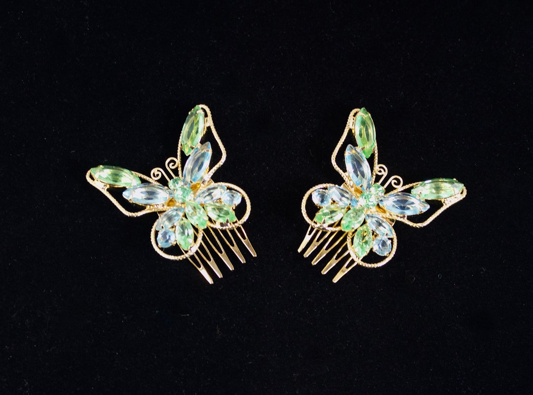 Vintage Pastel Blue and Green Butterfly Hair Combs - Etsy
