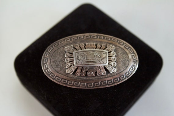 Vintage Peru Aztec Pre-Columbian 900 Silver Brooch - Gem