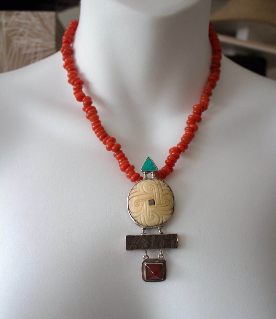 Vintage Designer Janice Lee Ripley Tribal Pendant and Carnelian Glass ...