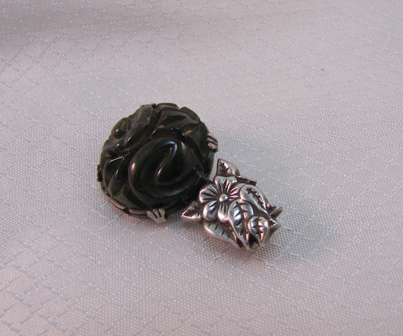 c1940's Carved Green Bakelite Flower Brooch, Silver P… - Gem