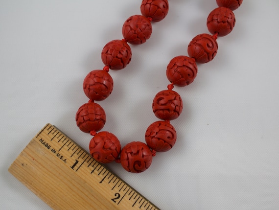 Chinese Carved Red Cinnabar Bead Necklace - Gem