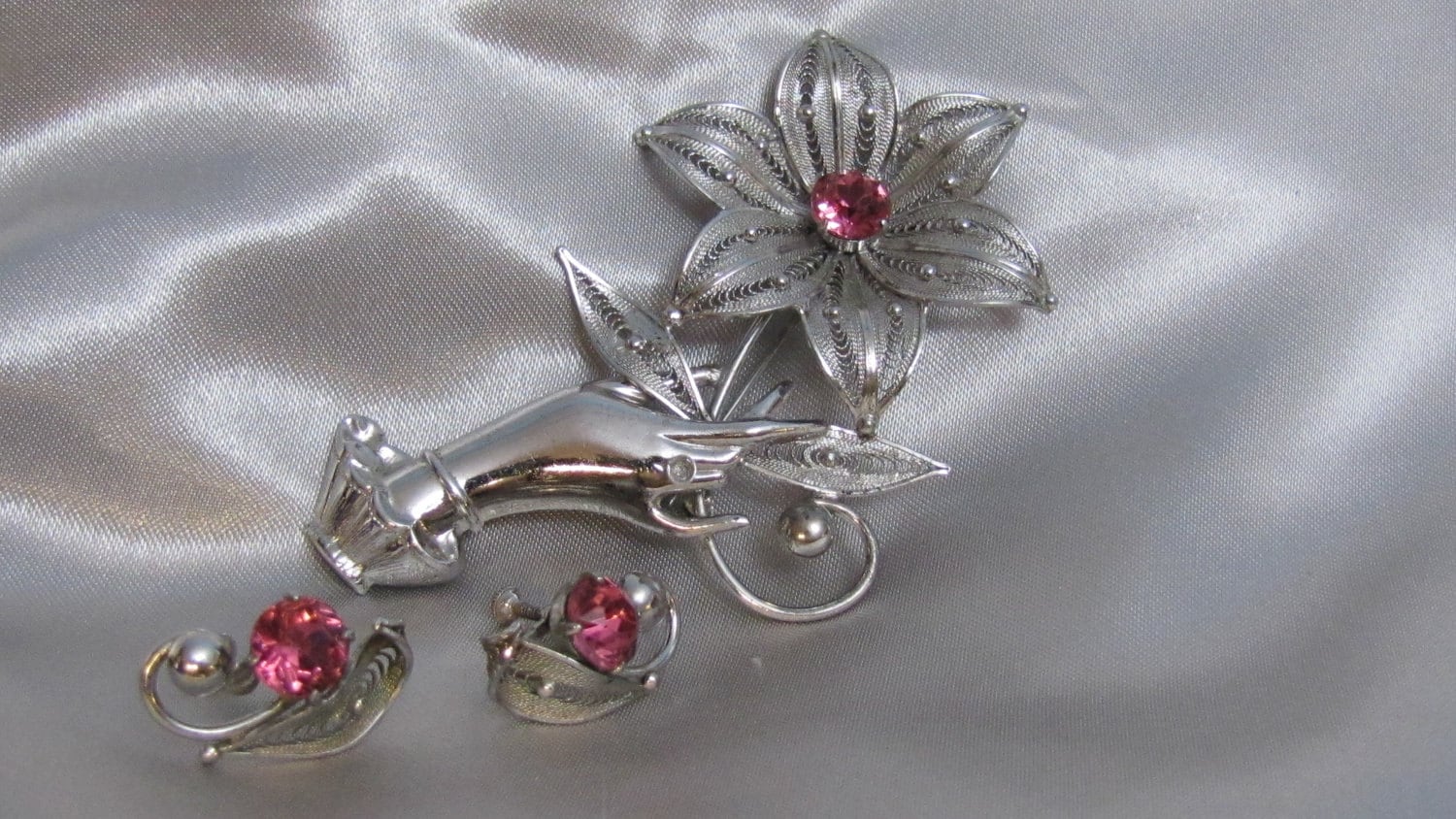Exceptional Stanco Sterling Hand and Flower Brooch With Matching ...