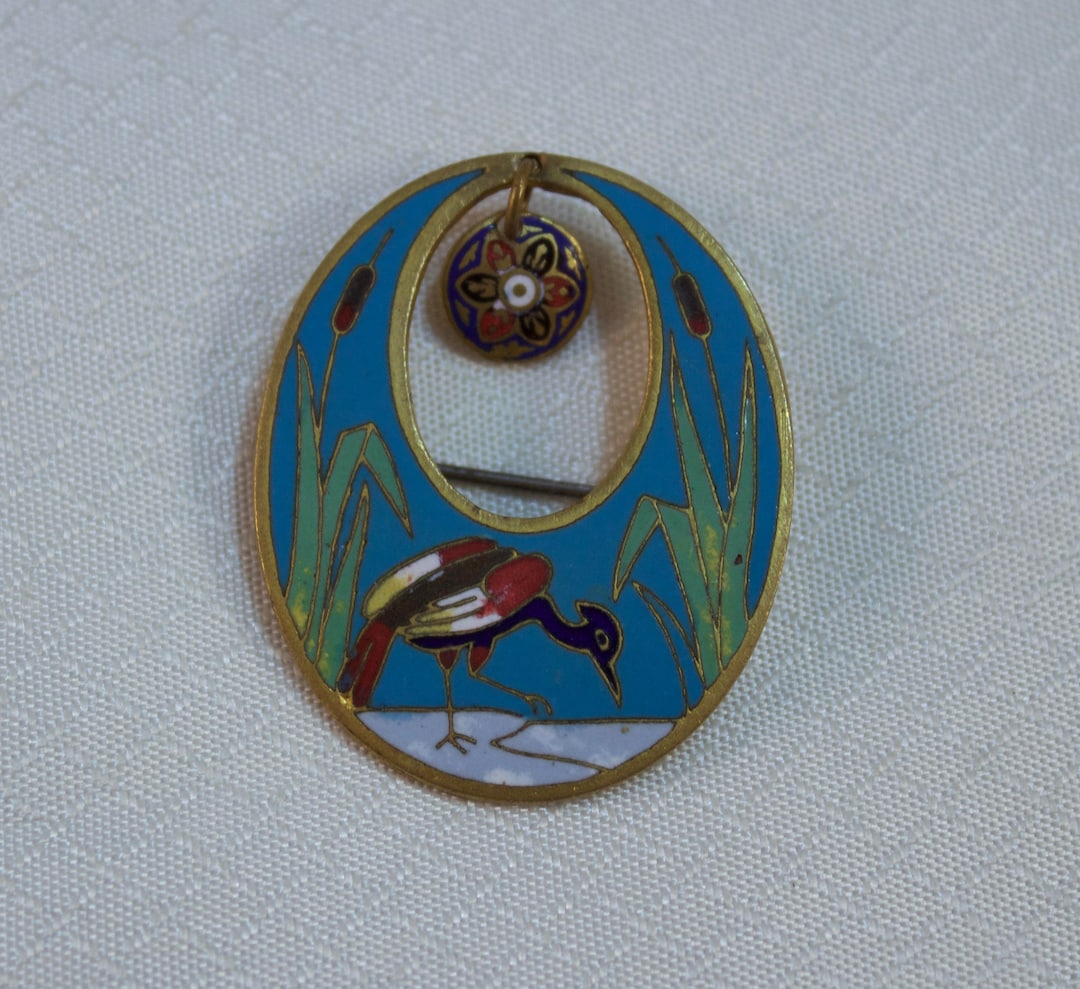 Vintage Japanese Export Art Deco Enameled Brass Brooch With Crane in ...