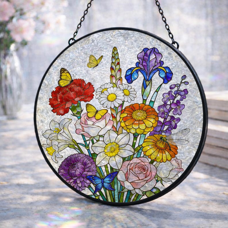 Floral Stained Glass Suncatcher – Handmade Colorful Garden Window ...