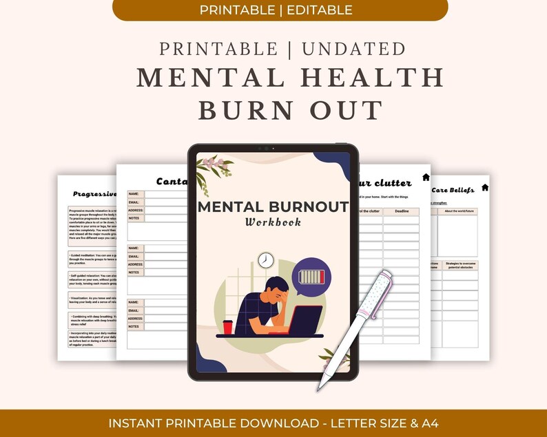 Mental Health Burnout Guide, Self Care Planner, Wellness Journal ...