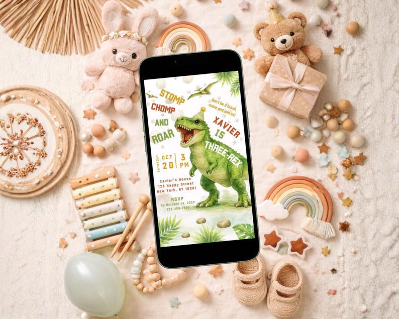 Dinosaur Birthday Invitation Template T-rex One A Saurus Two Rex Three ...