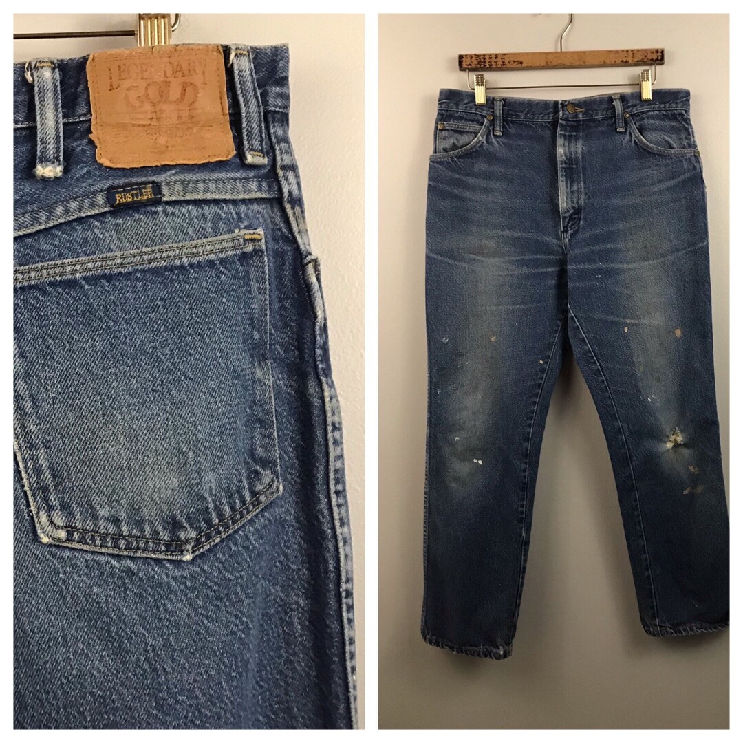 1980s Distressed Jeans / 80s Dark Blue Retro Rustler Jeans Straight Leg ...