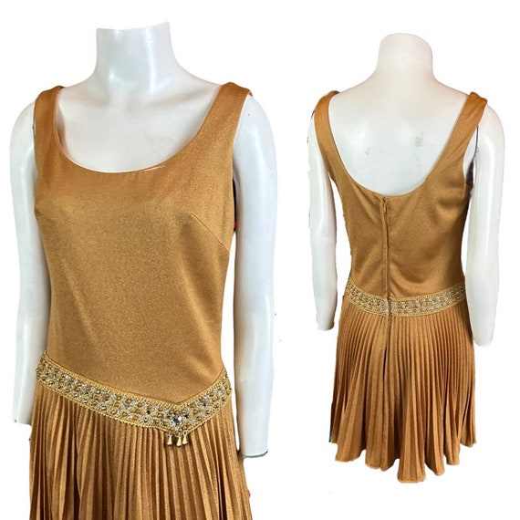 1960s Mod Bronze Drop Waist Pleated Dress Flapper Thr… - Gem