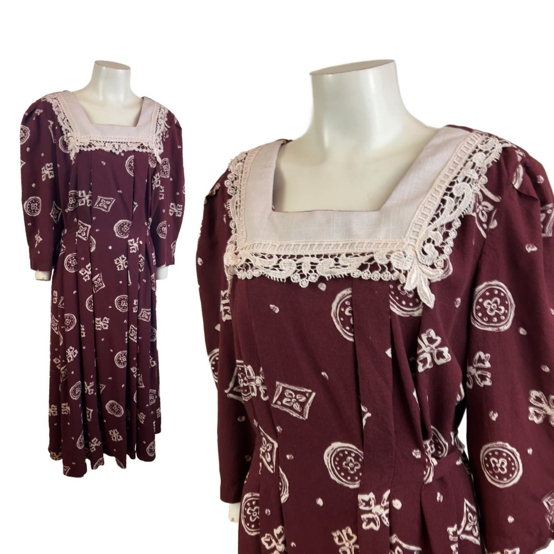 1980s Whimsy Goth Tie Back Midi Dress Lace Square Neckline / Women’s ...