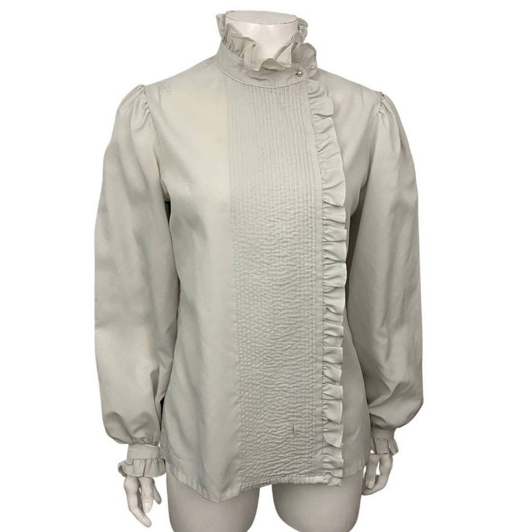 1980s Victorian Style Gray Ruffled Blouse Long Sleeve / Womens Medium ...