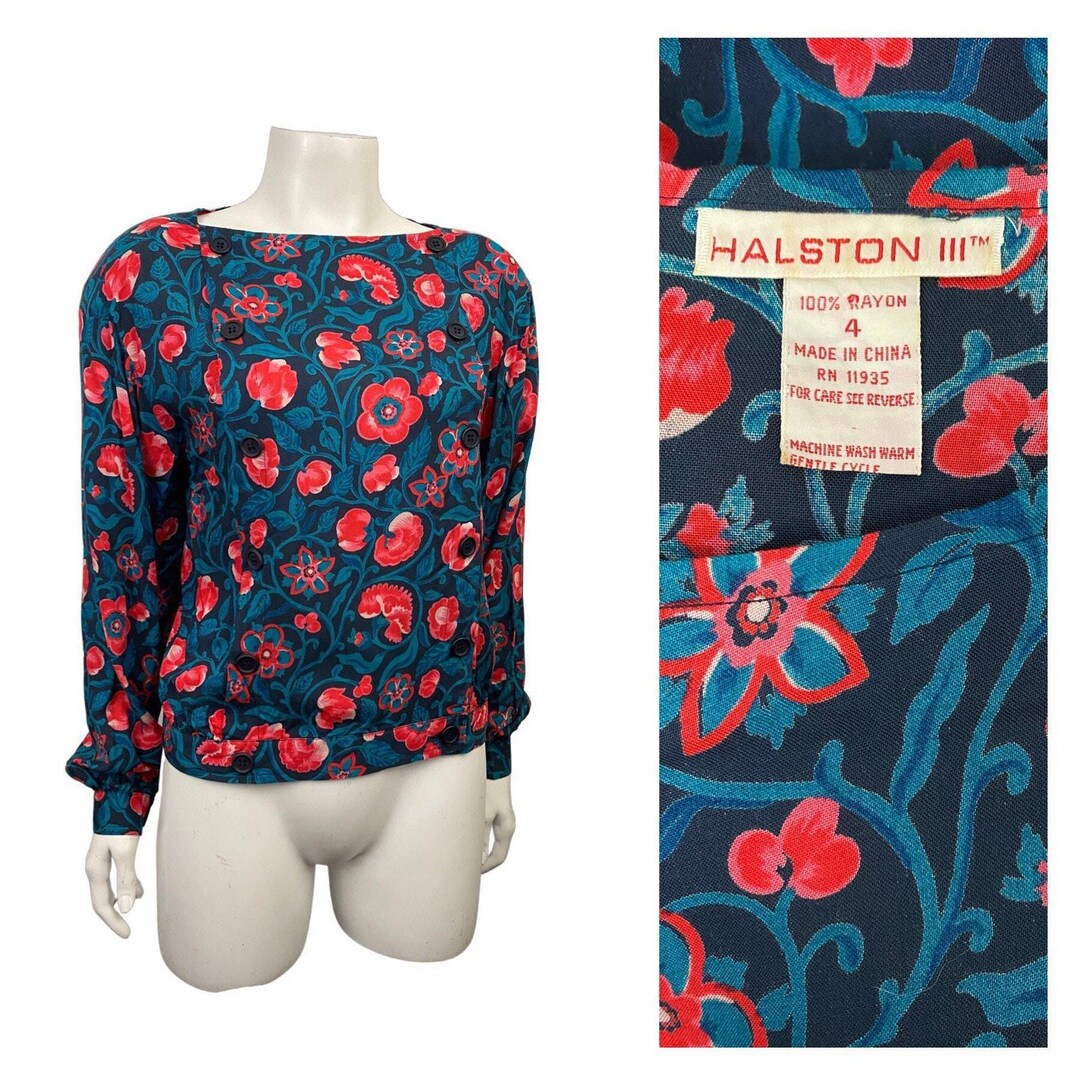 1980s Halston Teal and Pink Rose Print Blouse / Women’s Small - Etsy