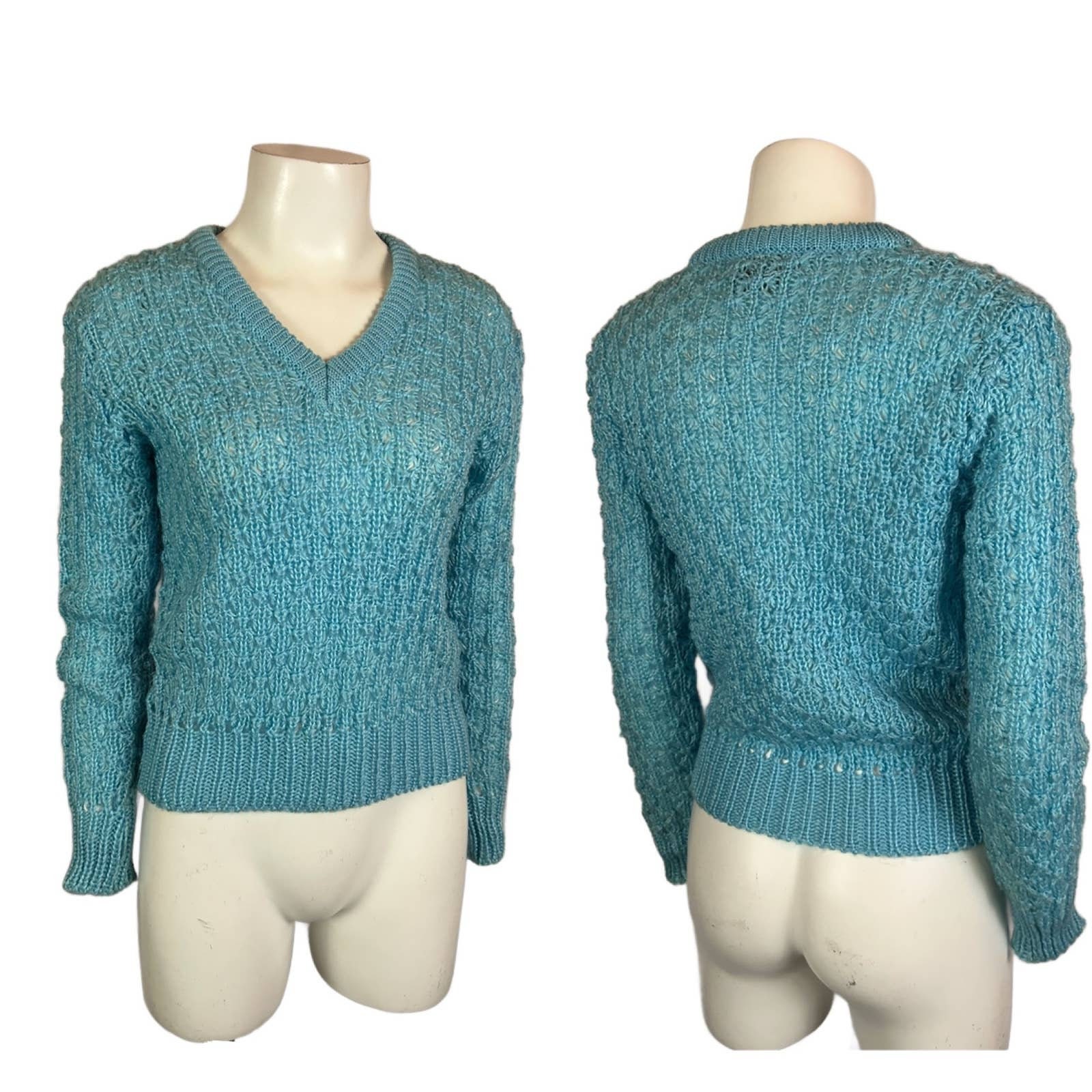 1970s Baby Blue Chunky Eyelet Knit V Neck Sweater Slim Fit 1970s Baby Blue Chunky Eyelet Knit V Neck Sweater Slim Fit